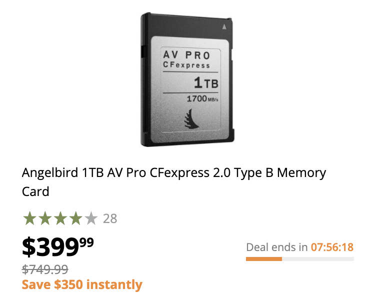 Ends tonight: Angelbird 1TB AV Pro CFexpress 2.0 Type B memory card for ...