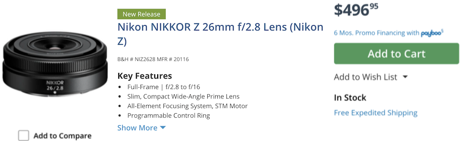 The new Nikon Nikkor Z 26mm f/2.8 lens is now shipping, currently in ...