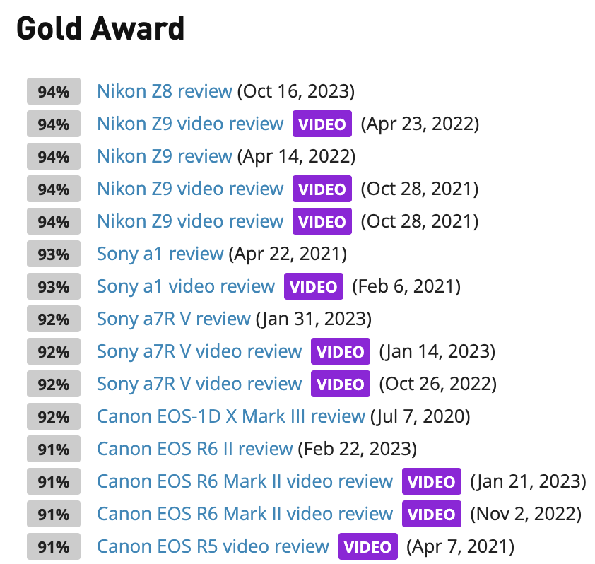 Currently, the top-rated cameras at Dpreview are the Nikon Z8 and Z9 ...
