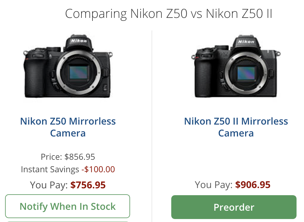 Nikon Z50 vs. Nikon Z50II specifications comparison - Nikon Rumors