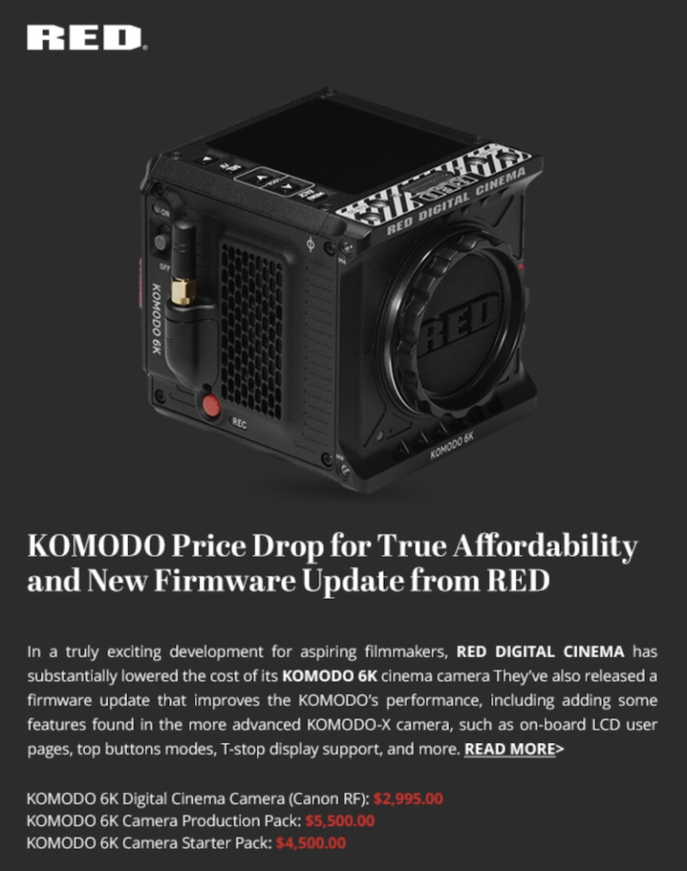 RED KOMODO RF mount camera price drop: now $2,995 ($2,000 off) + new ...